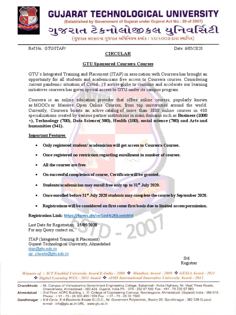 Circular GTU Sponsored Coursera Courses: Important Features | PDF