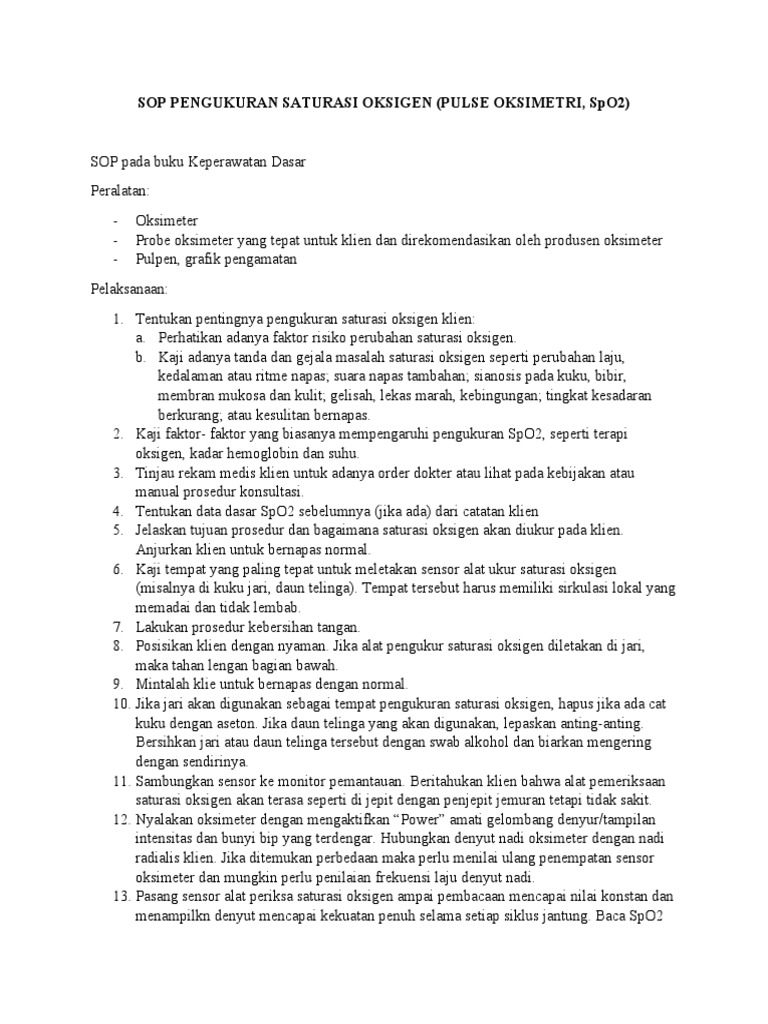 Sop Pengukuran Saturasi Oksigen | PDF