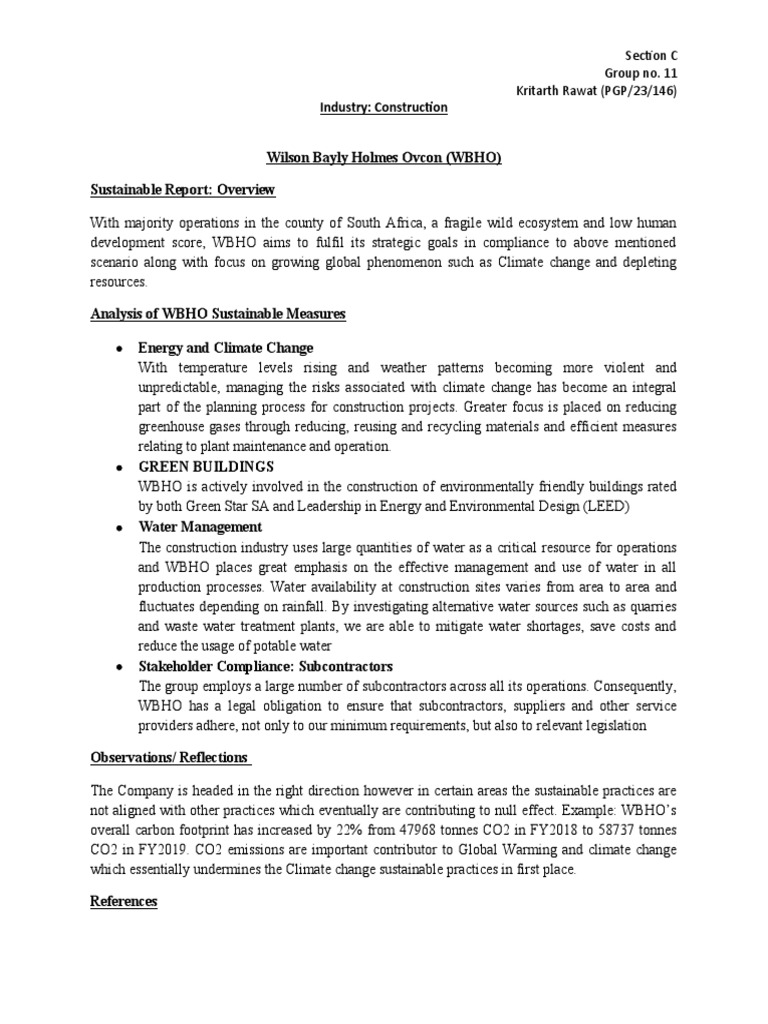 Wilson Bayly Holmes Ovcon (WBHO) Sustainable Report: Overview | PDF ...