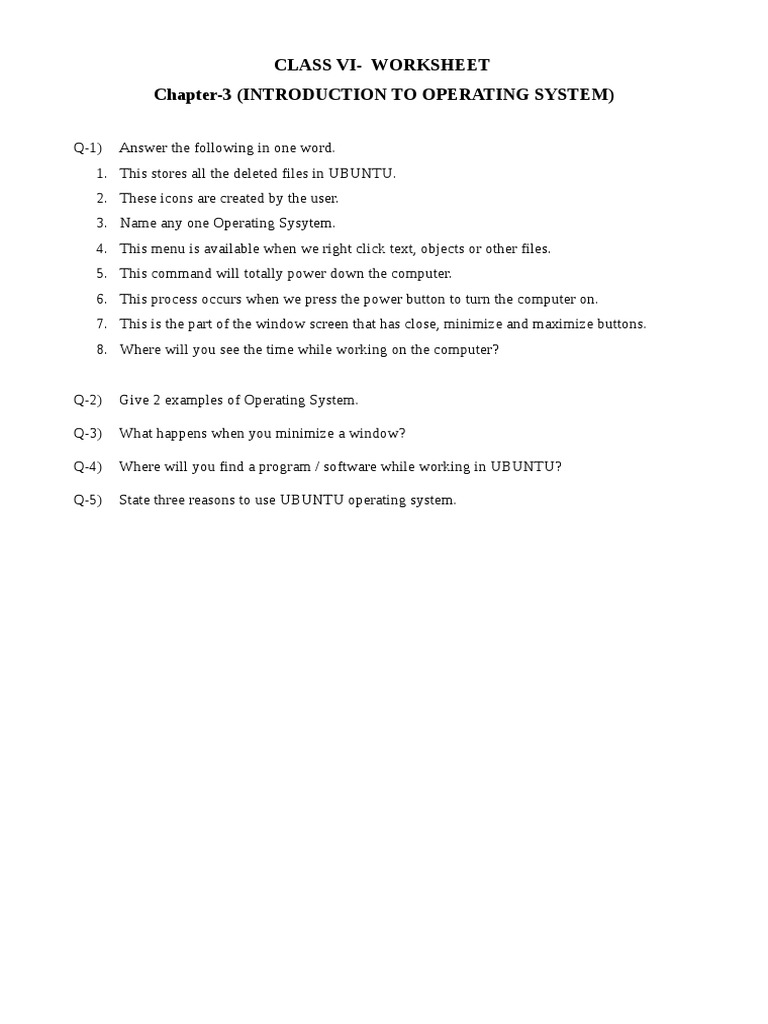 Class VI Operating System Worksheet | PDF