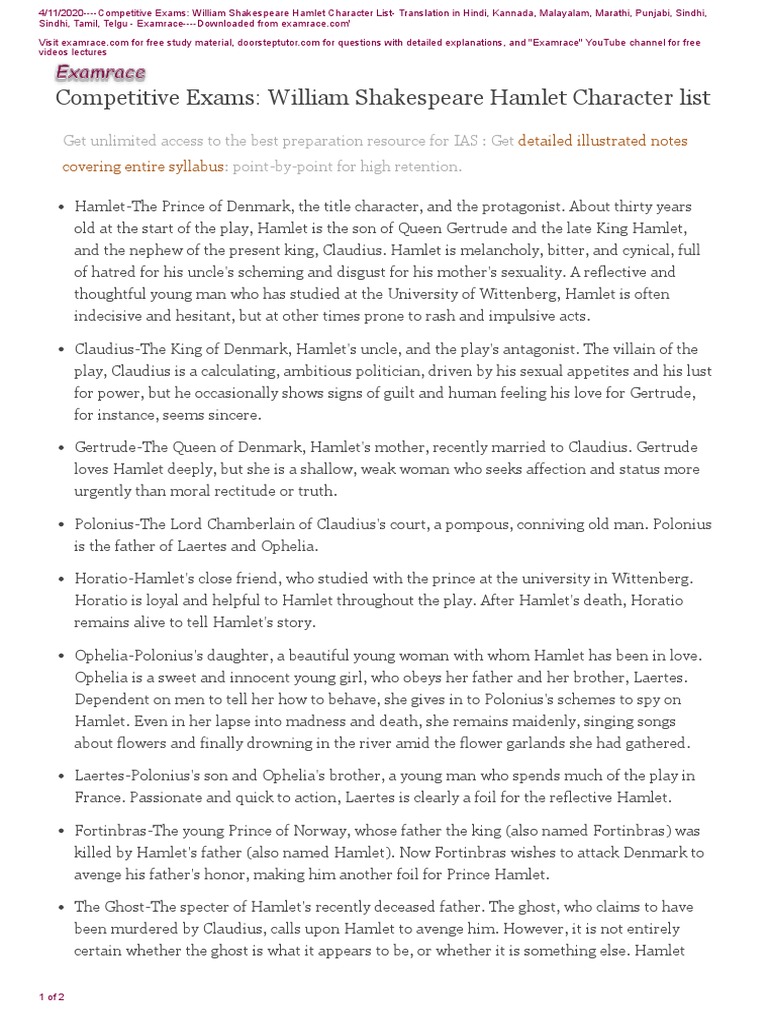 Hamlet William Shakespeare Character List PDF | PDF | Hamlet | Plays ...