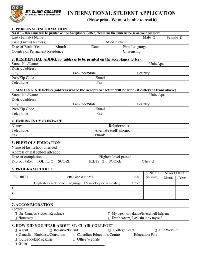 St-Clair College of Applied Arts & Technology Application Form | PDF ...