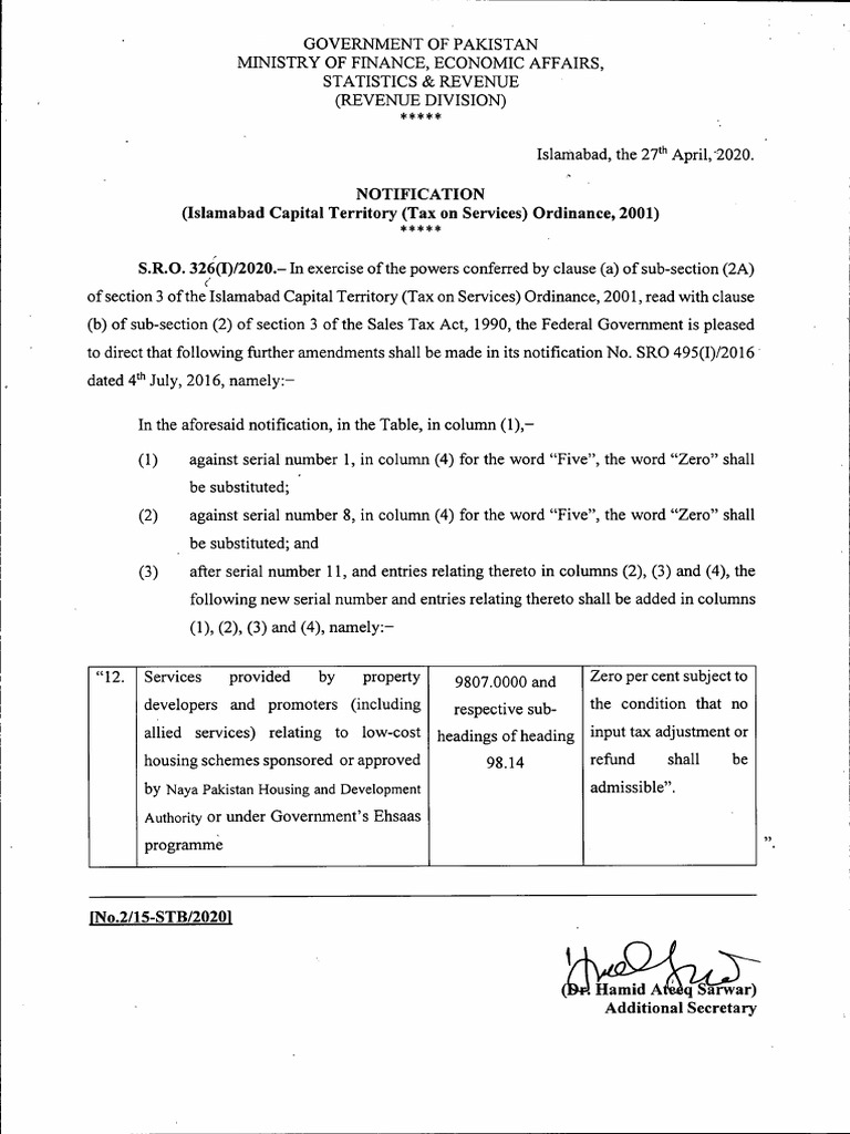 Notification (Islamabad Capital Territory (Tax On Services) Ordinance ...