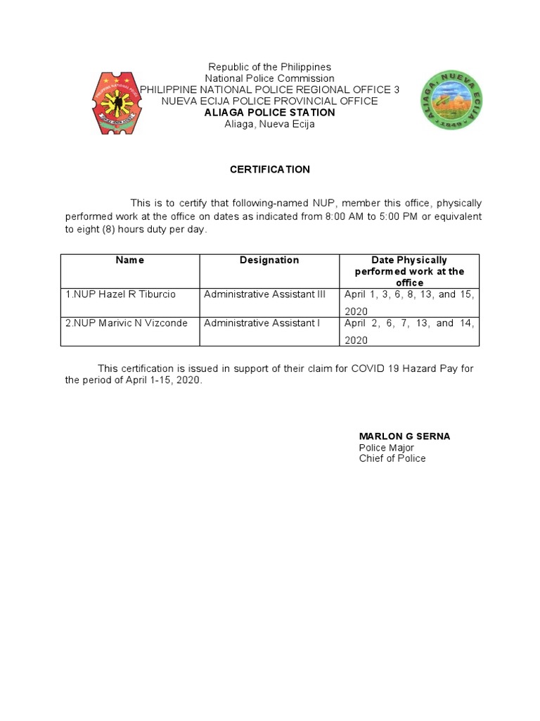 Certification Hazard Pay | PDF