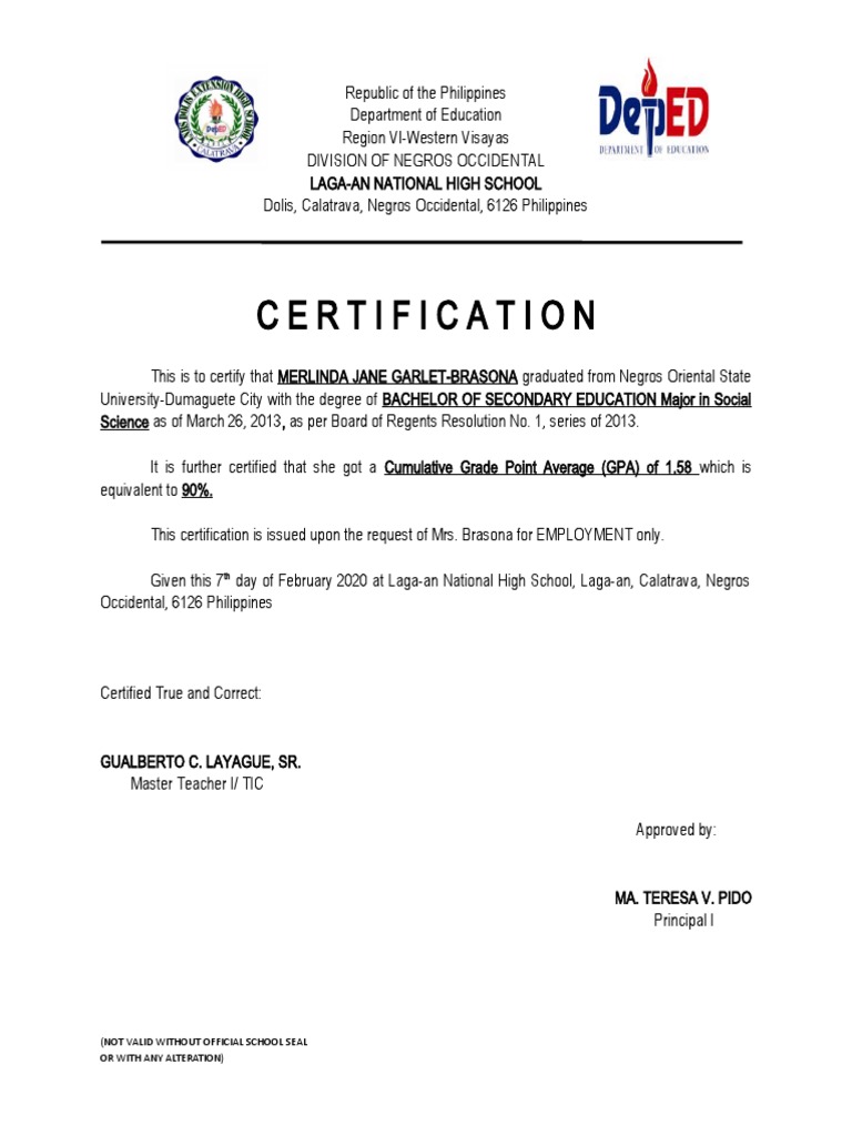 Certification: (Not Valid Without Official School Seal or With Any ...
