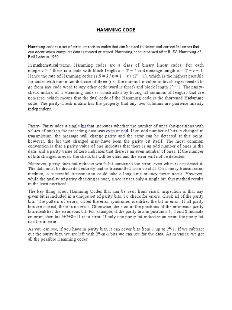 Hamming Code: Mathematical Block Length Message Length | PDF | Algorithms | Telecommunications ...
