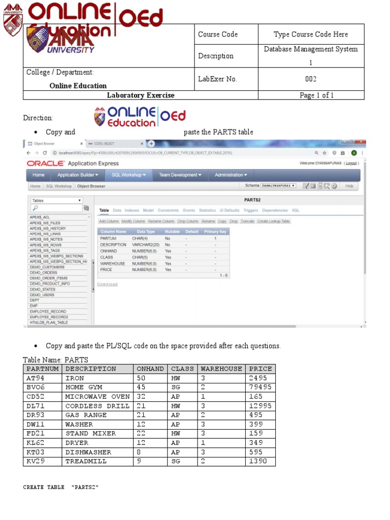 Online Education Laboratory Exercise: Create Table "Parts2" | PDF ...