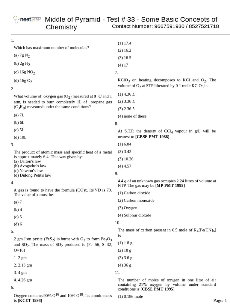 Middle of Pyramid - Test # 33 - Some Basic Concepts of Chemistry | PDF ...
