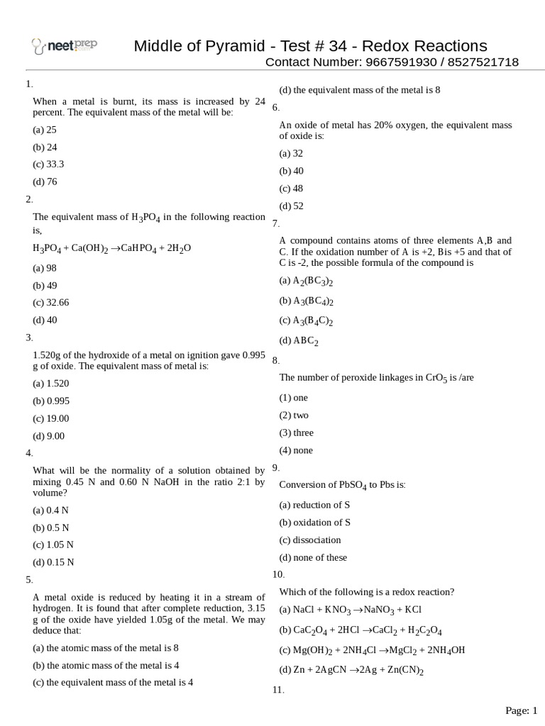 Test 34 - Redox Reactions - Middle of Pyramid | Download Free PDF ...