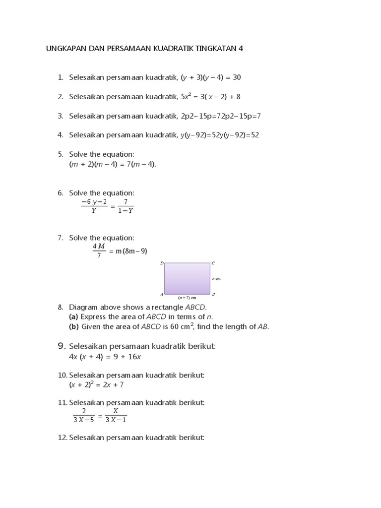 Form 4 - Ungkapan Dan Persamaan Kuadratik Tingkatan 4 | PDF