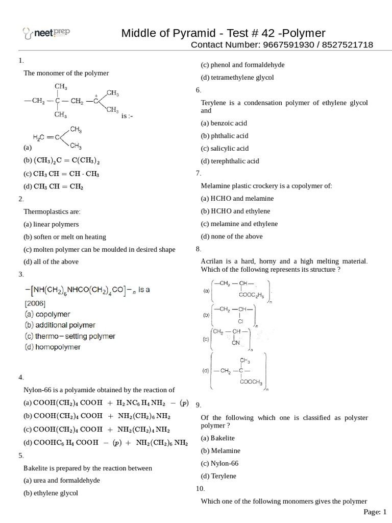 Test 42 - Polymer - Middle of Pyramid PDF | PDF | Copolymer | Polymers