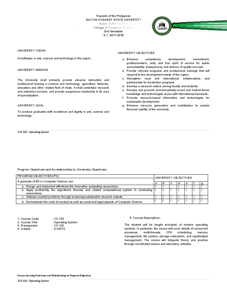 CS124 - Operating System Syllabus - 2 | PDF | Thread (Computing) | Scheduling (Computing)