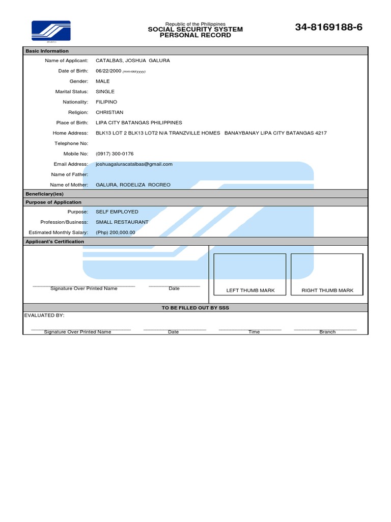 Personal Record for SSS Application | PDF