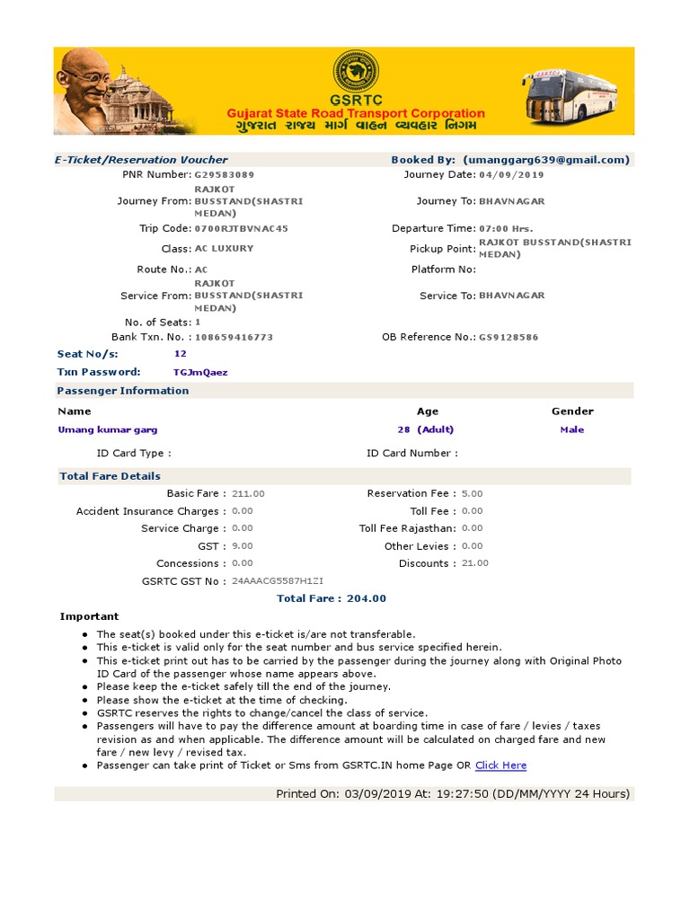 One-Way Bus Ticket from Rajkot to Bhavnagar: Route, Seat Number, and ...