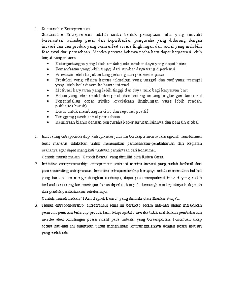 Contoh Jenis Entrepreneur Berkelanjutan | PDF