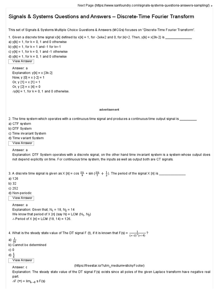 Unit 3 Discrete Time Fourier Transform Questions And Answers Sanfoundry Pdf Pdf Discrete