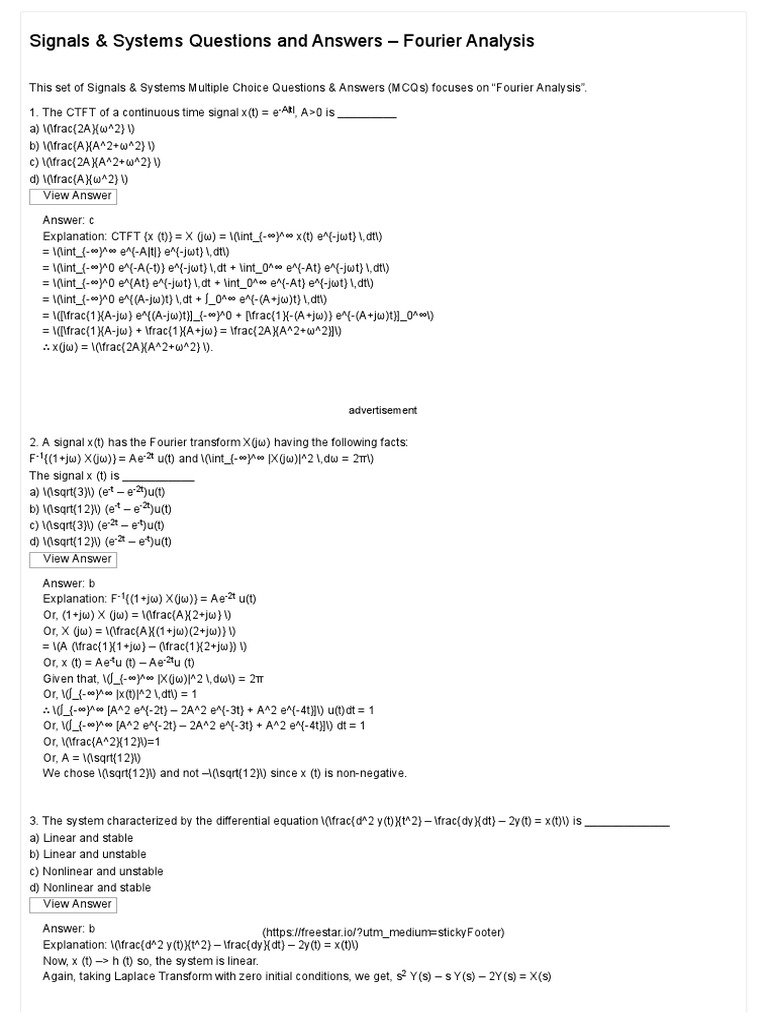 Unit 3 Fourier Analysis Questions and Answers - Sanfoundry PDF | PDF | Nonlinear System ...