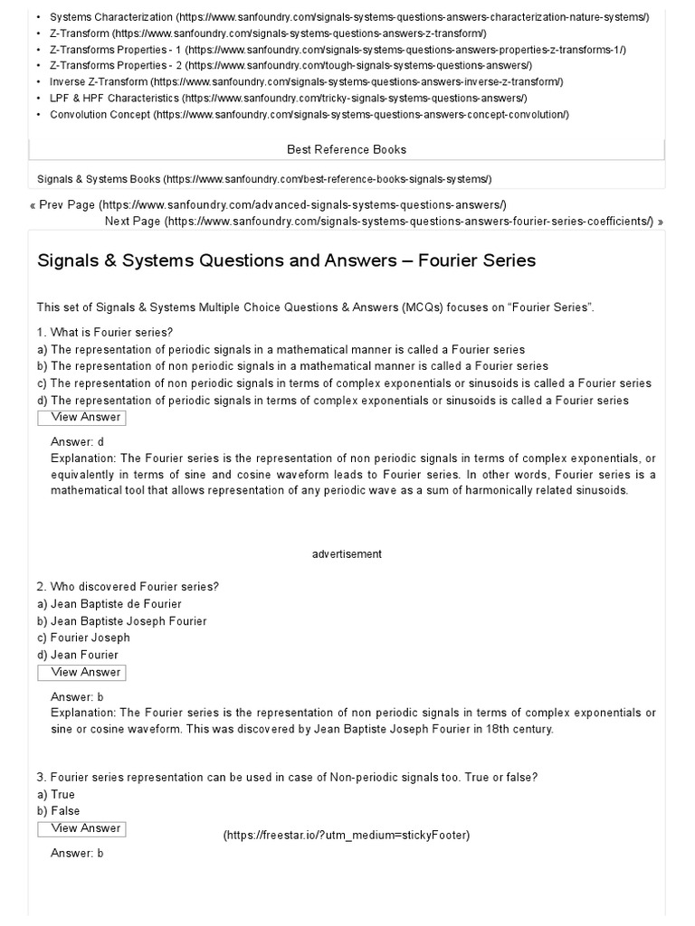 Unit 3 Fourier Series - Signals & Systems Questions and Answers - Sanfoundry PDF | Download Free ...