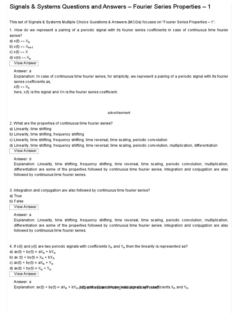 Unit 3 Fourier Series Properties Questions and Answers - Sanfoundry PDF | PDF | Fourier Analysis ...