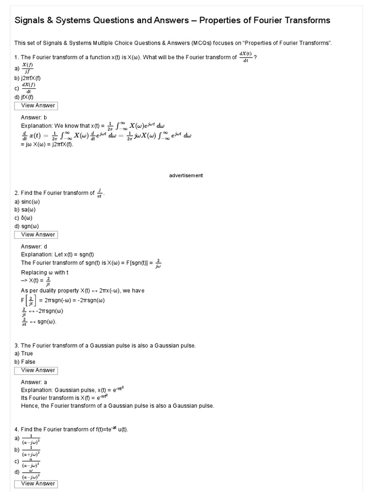 Unit 3 Fourier Transforms Properties Questions and Answers - Sanfoundry ...