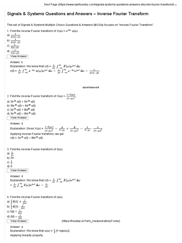 Unit 3 Inverse Fourier Transform Questions And Answers Sanfoundry Pdf