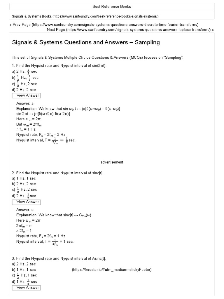 Sampling - Signals & Systems Questions and Answers | PDF | Spectral ...