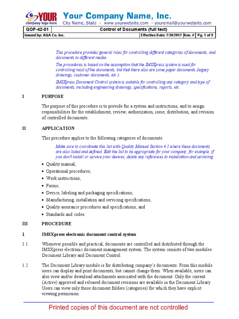 Iso13485 QOP4201 DocumentControl PDF | Download Free PDF | Specification (Technical Standard ...