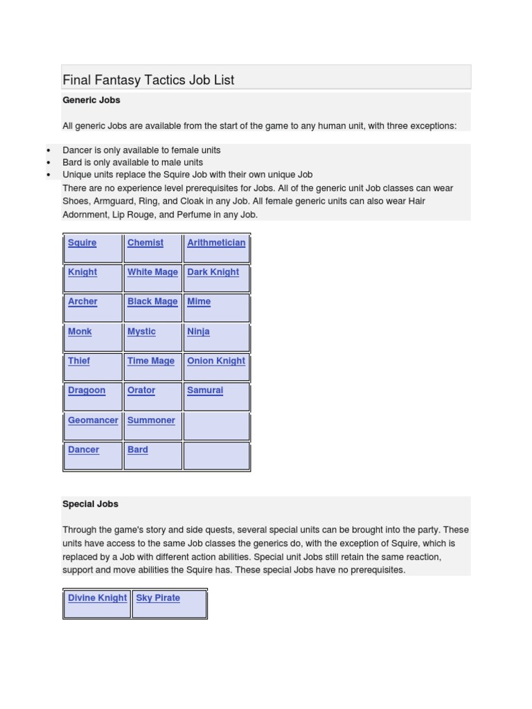 Final Fantasy Tactics Job List | PDF