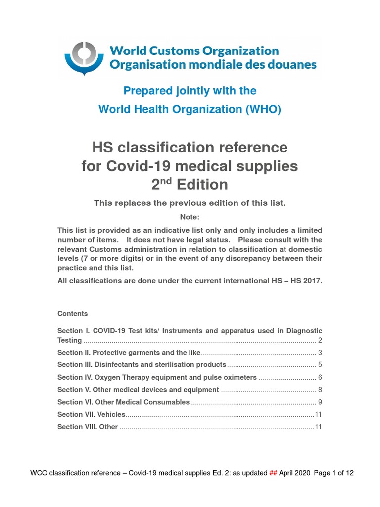 HS Classification Reference For Covid-19 Medical Supplies 2 Edition ...
