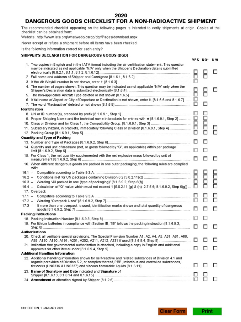 2020 Dangerous Goods Checklist For A Non-Radioactive Shipment | Download Free PDF | Dangerous ...