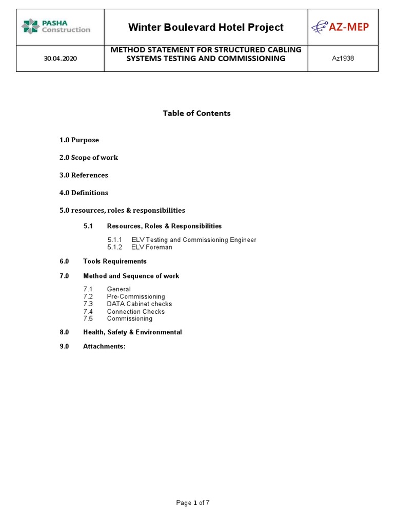 Method Of Statement Structural Cabling Pdf Ladder Personal
