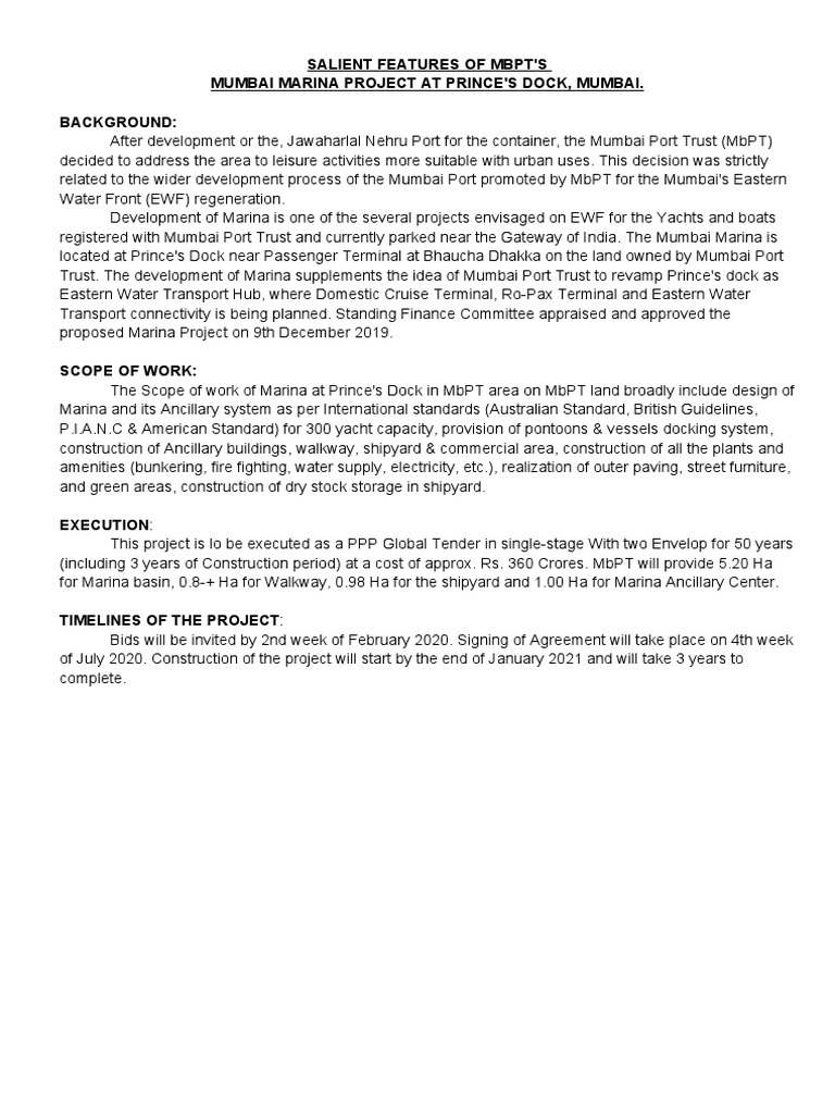 Salient Features of MBPT'S Mumbai Marina Project at Prince'S Dock ...