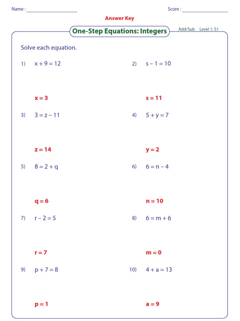 One-Step Equations: Integers: Solve Each Equation | PDF | Equations ...