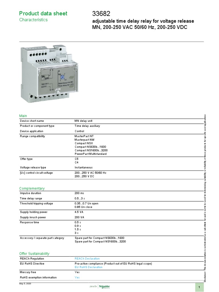 Product Data Sheet: Adjustable Time Delay Relay For Voltage Release MN ...
