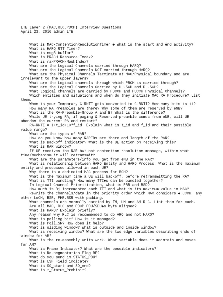 LTE Layer 4 (MAC, RLC, PDCP) Interview Questions | PDF | Digital Technology | Computer Engineering