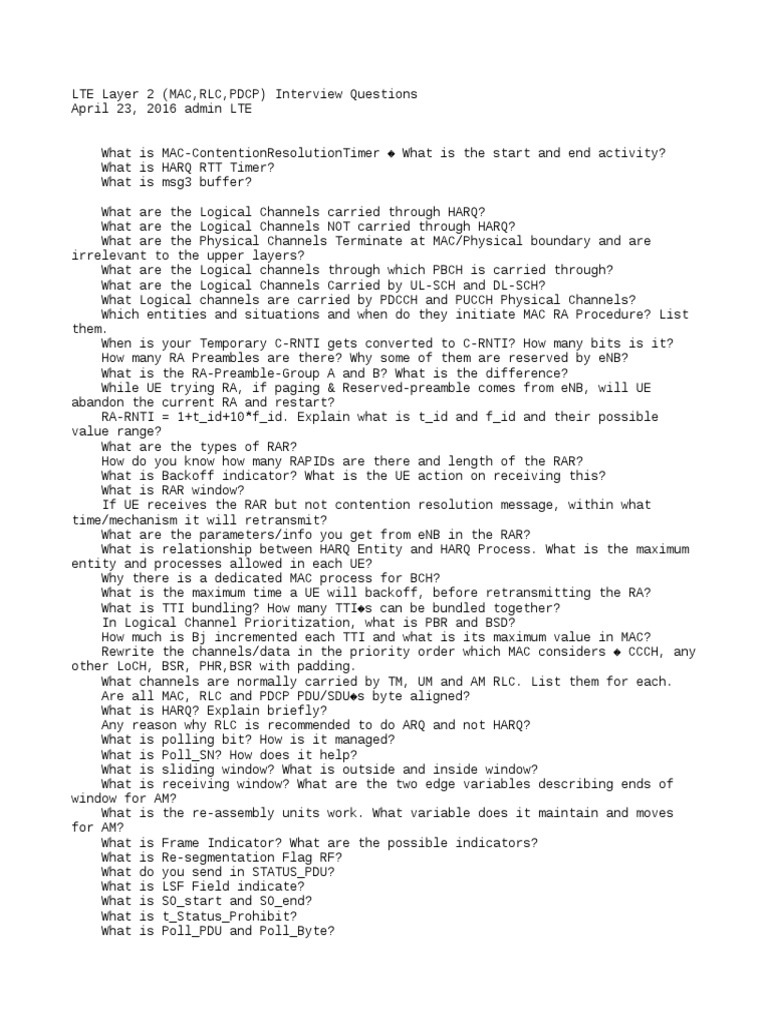 LTE Layer 6 (MAC, RLC, PDCP) Interview Questions | PDF | Digital ...