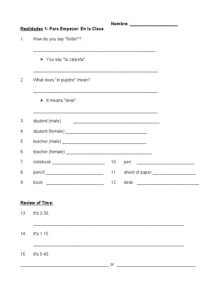 Spanish Vocabulary and Time Practice | PDF | Language Arts & Discipline
