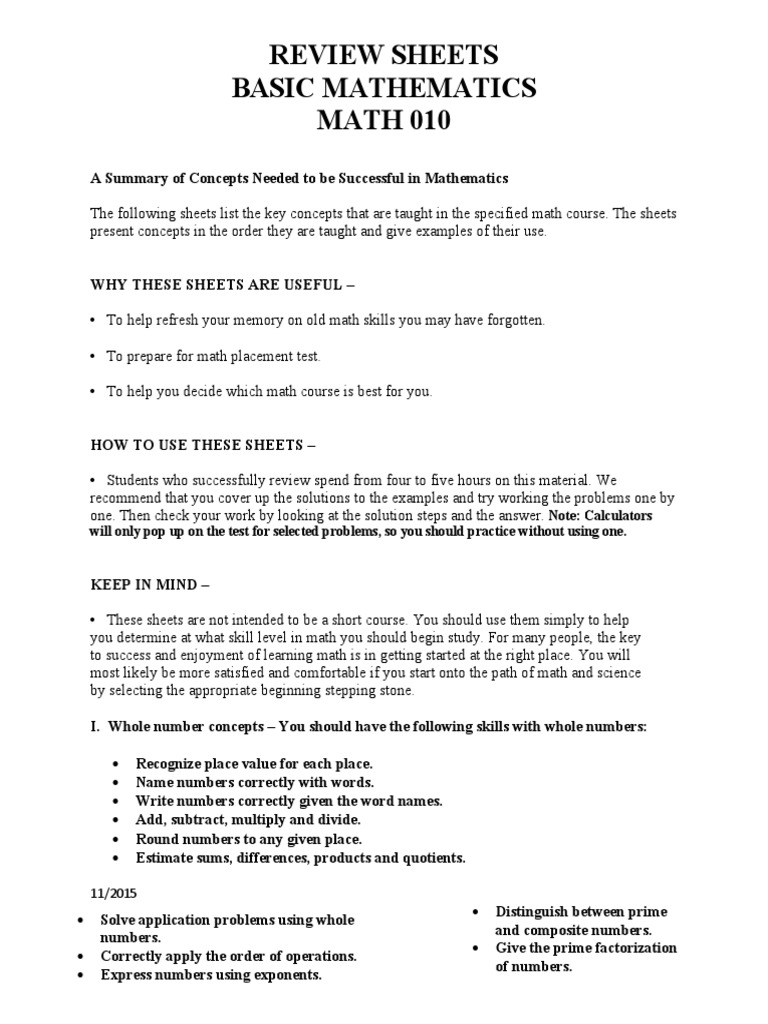 Review Sheets Basic Mathematics MATH 010 | PDF | Fraction (Mathematics ...