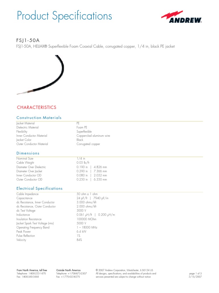 Andrew fsj1 50a Spec Sheet | PDF | Coaxial Cable | Electromagnetism