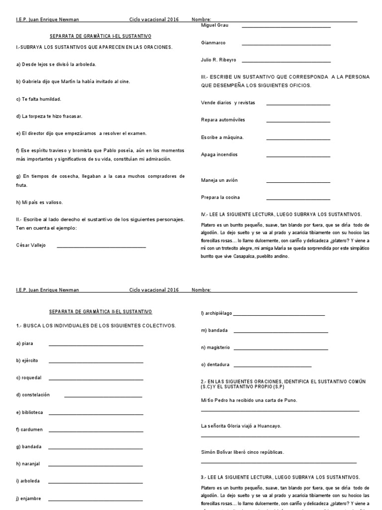 Grama1-Sustantivos Ejercicios en Word | PDF