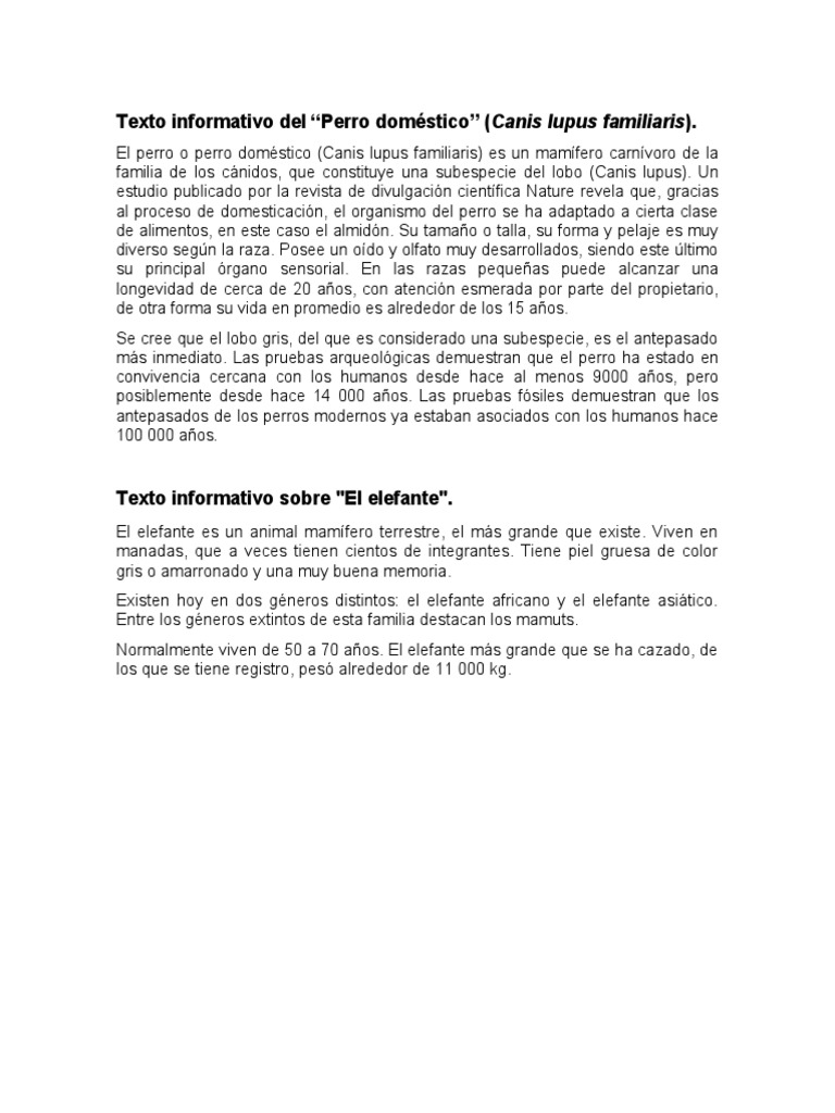 Texto Informativo Del Perro y Elefante | PDF