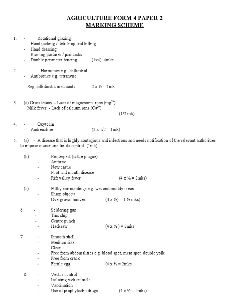 Agriculture Form 4 Paper 2 Marking Scheme | PDF | Grazing | Wellness