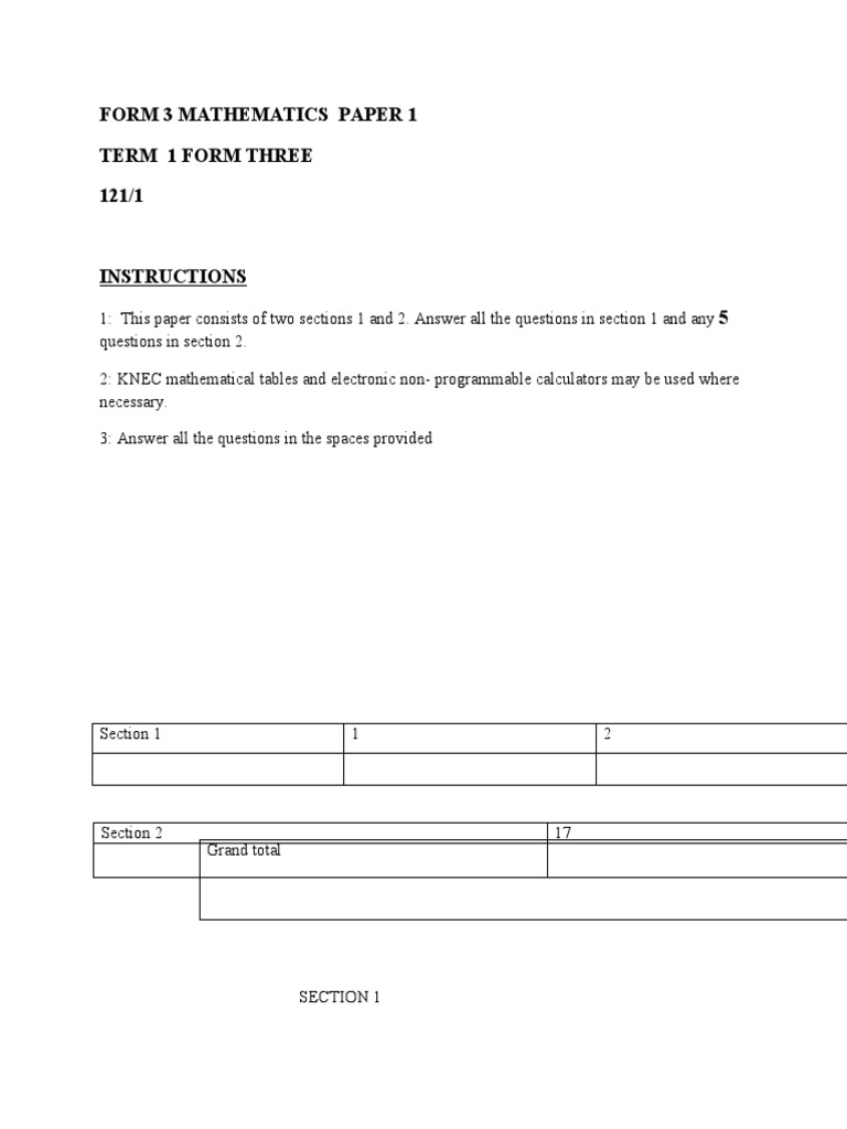 Form 3 Mathematics Paper 1 Term 1 Form Three 121/1 | PDF | Circle | Area