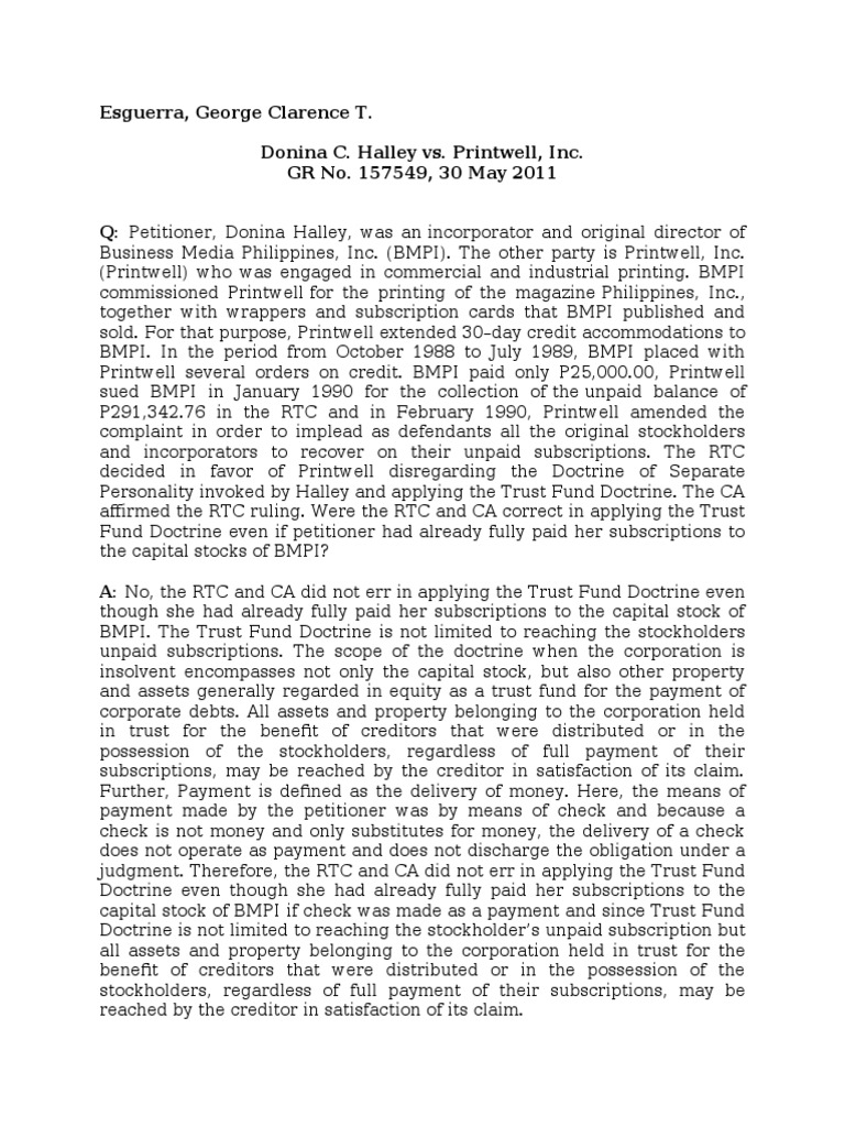 04 Donina Halley vs. Printwell, Inc. | PDF | Trust Law | Payments