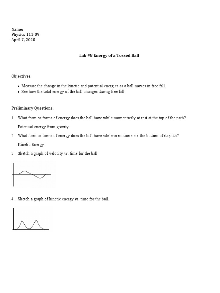 Lab 8 Energy of A Tossed Ball | PDF | Potential Energy | Kinetic Energy