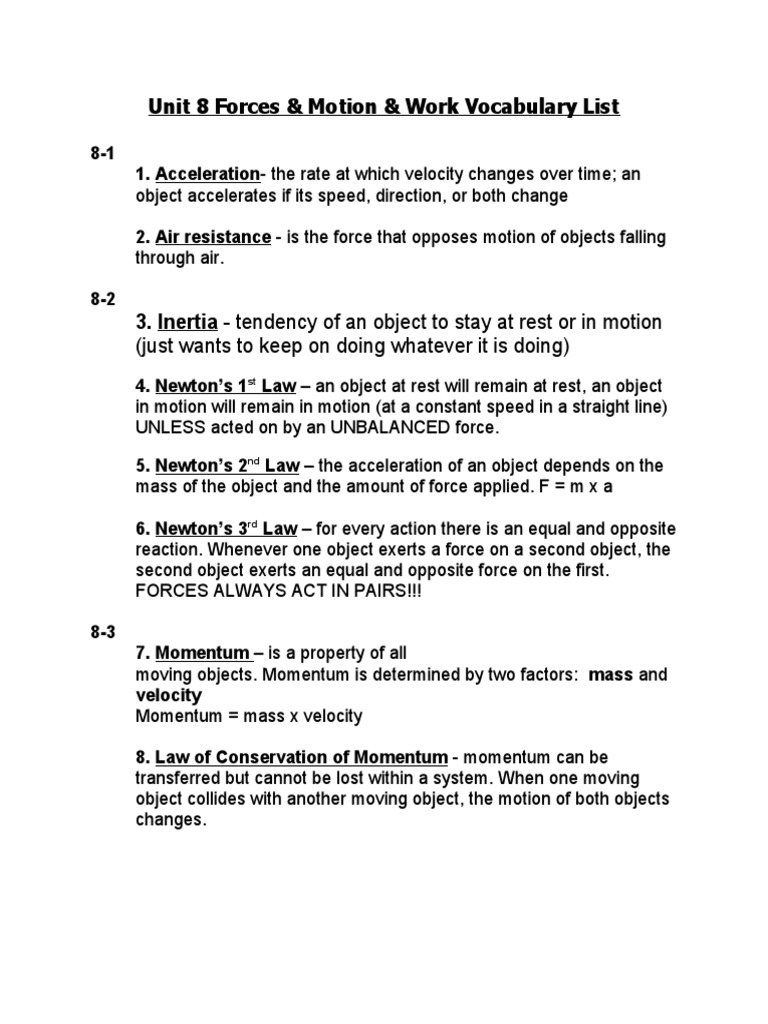 Forces and Motion Vocabulary List | PDF