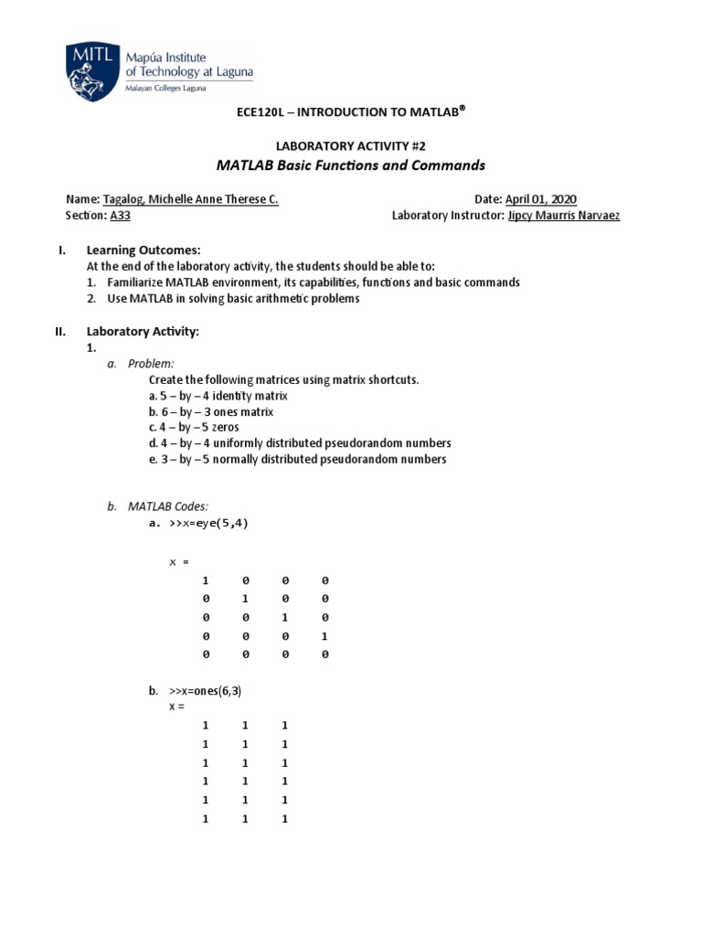 Matlab Basic Functions And Commands Ece120l Introduction To Matlab Laboratory Activity 2