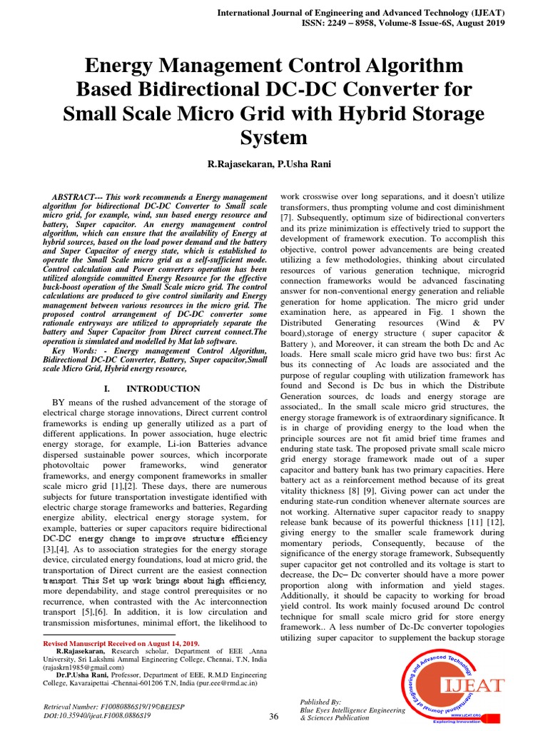 Energy Management Control Algorithm Based Bidirectional DC-DC Converter For Small Scale Micro ...