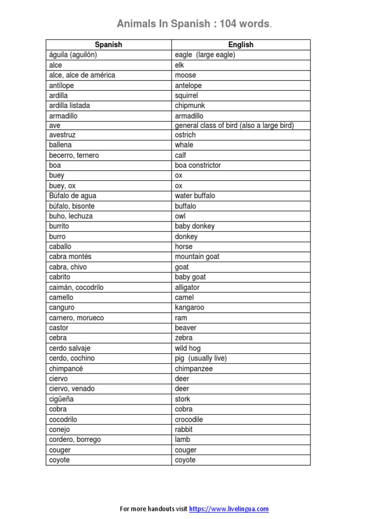 Animals in Spanish: 104 Words | PDF | Nature