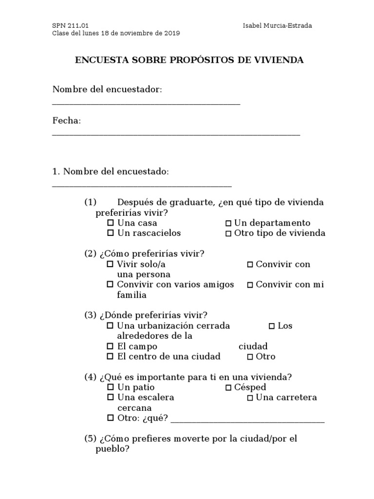 Encuesta Sobre Propósitos de Vivienda (Actividad ELE) | PDF | Vehículos ...